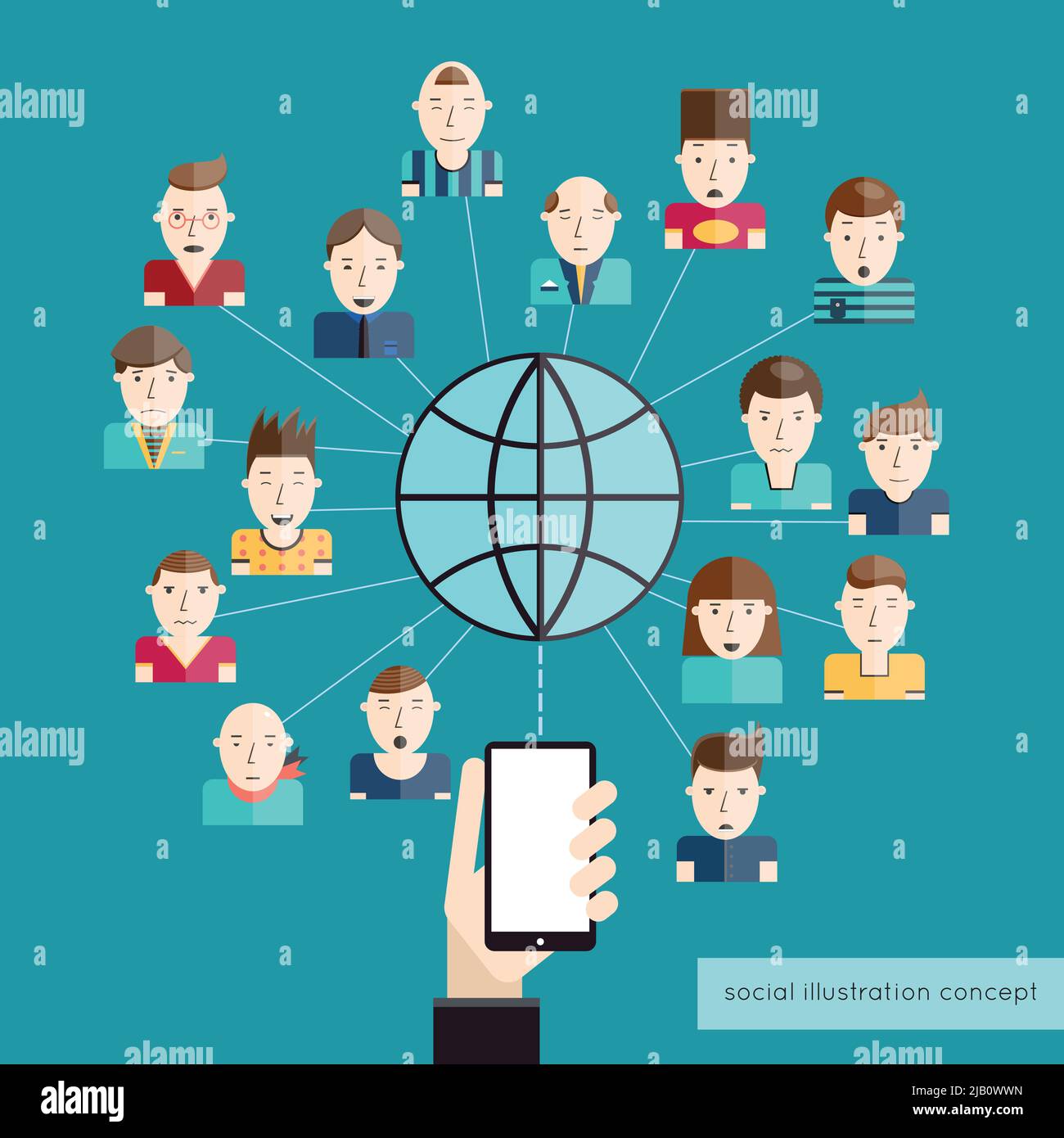 Social communication concept with people avatars globe and hand with ...