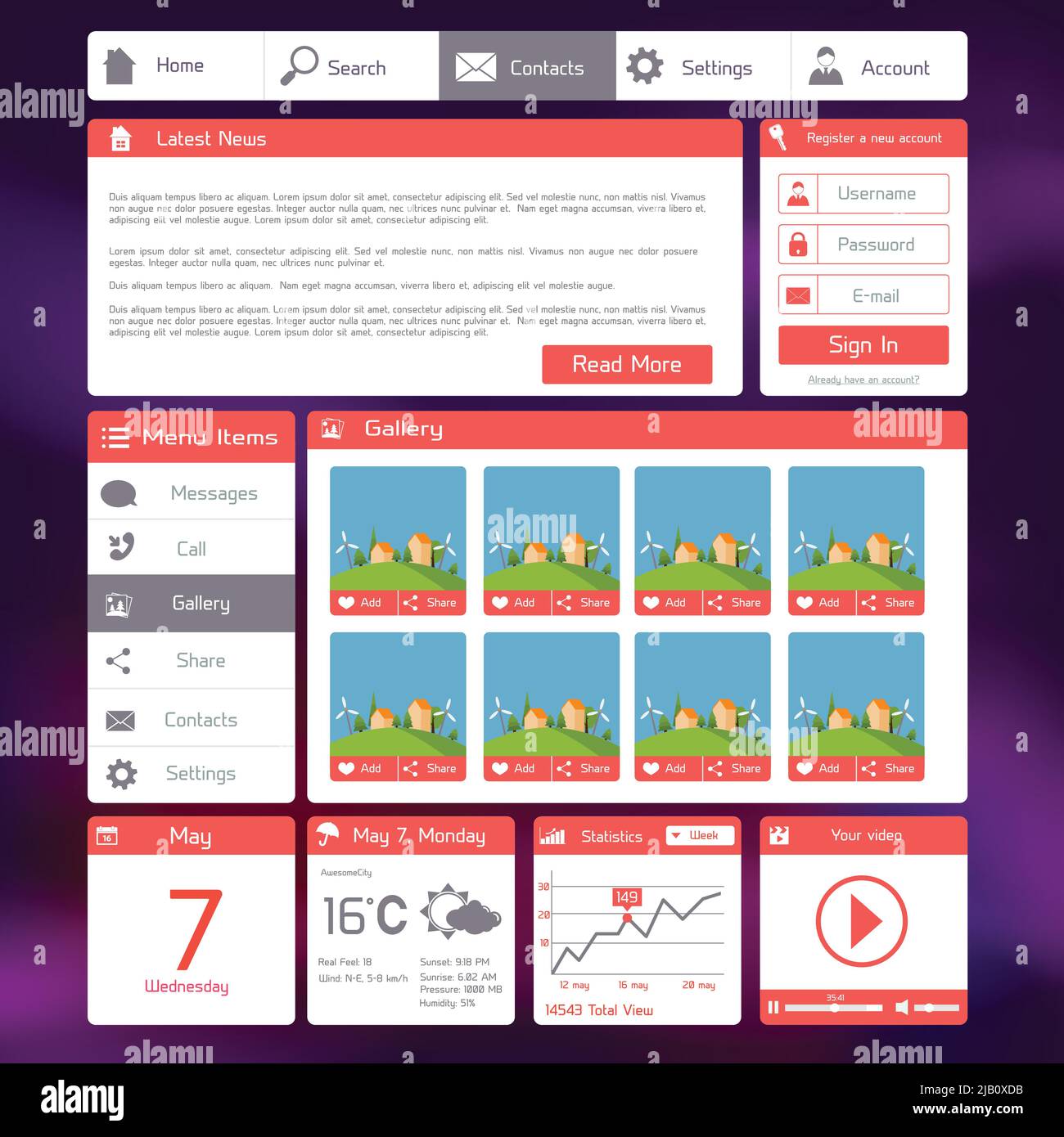 Flat website design template with menu and navigation layout elements ...