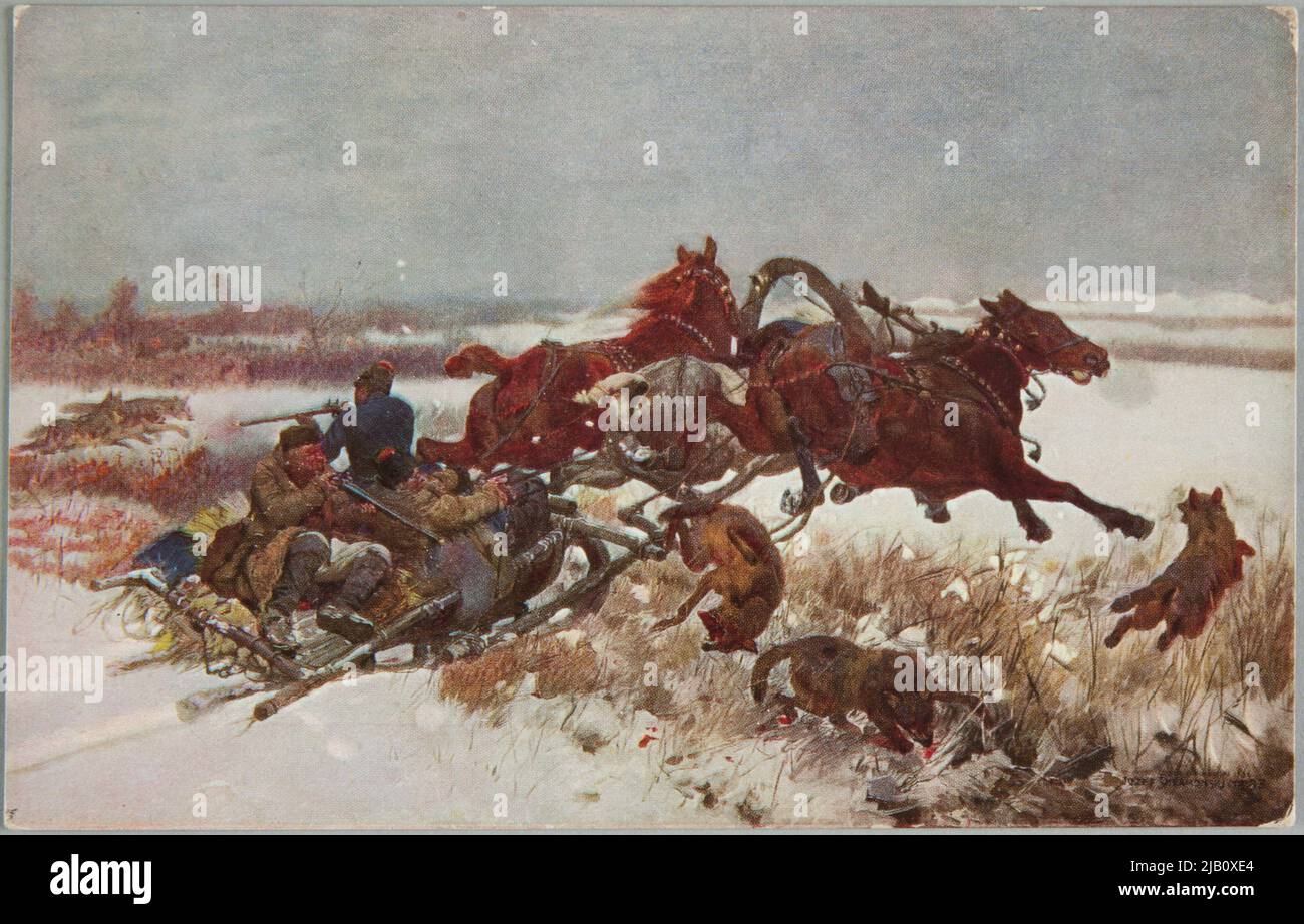 Picture of J. Chełmoński Three men on a sleigh shooting at the ...