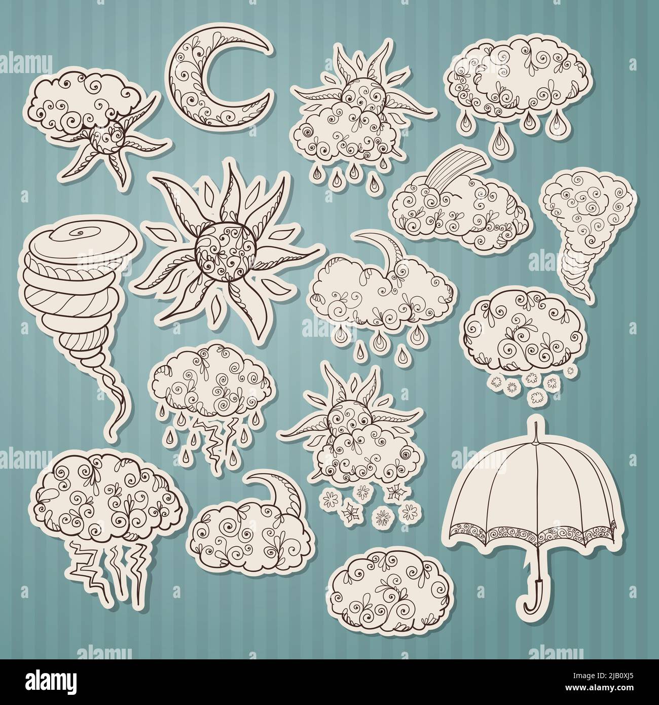 Doodle weather forecast stickers or labels set sketch isolated vector ...