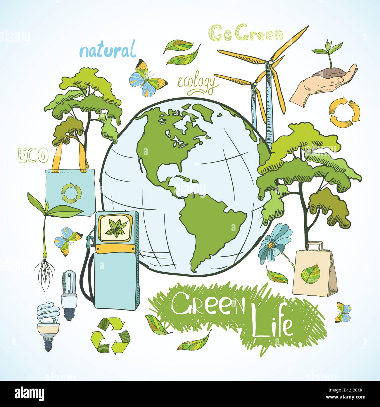 Doodle ecology and environment green life concept with decorative ...