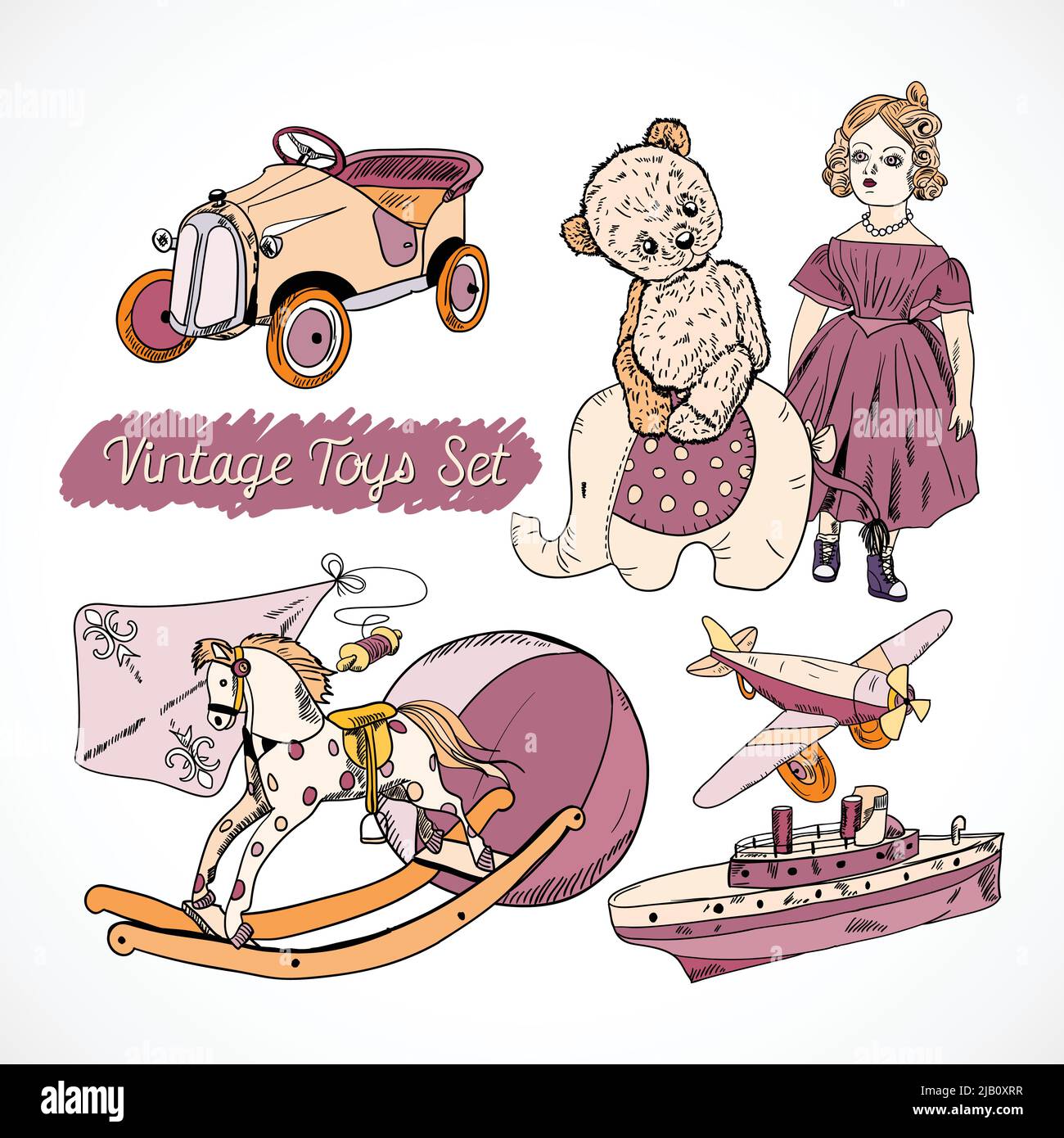 Antique kids toys sketch icons set of doll elephant teddy bear airplane ...