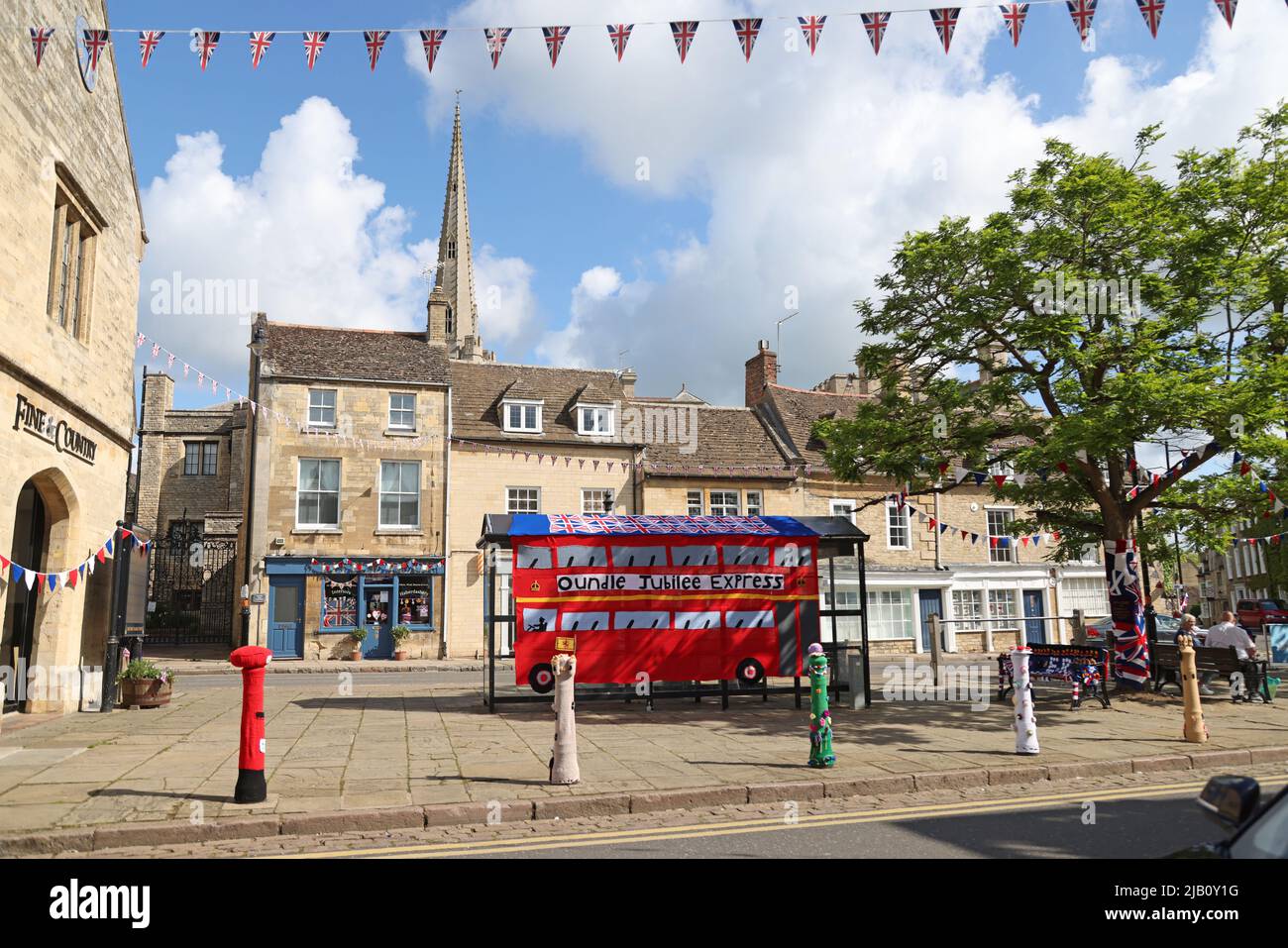Oundle, UK. 01st June, 2022. The bus shelter is decorated with a ...