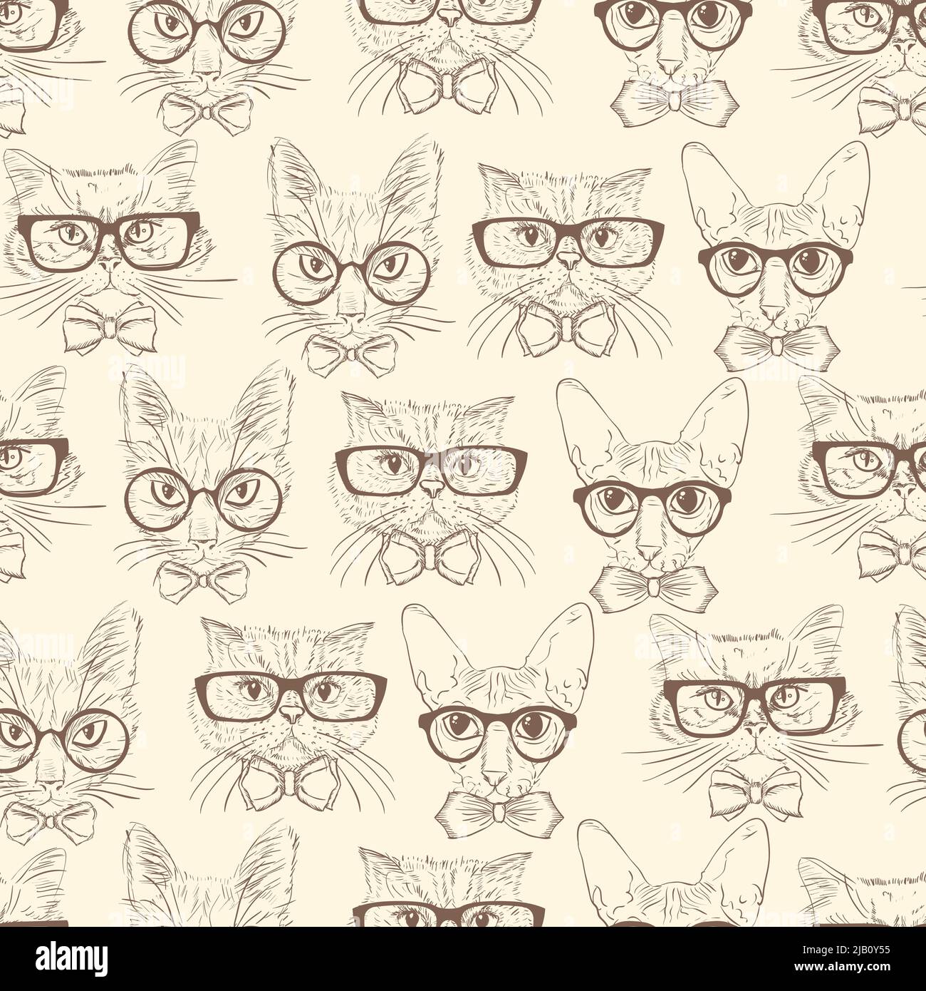 Seamless hand drawn cats in hipster accessories pattern background ...
