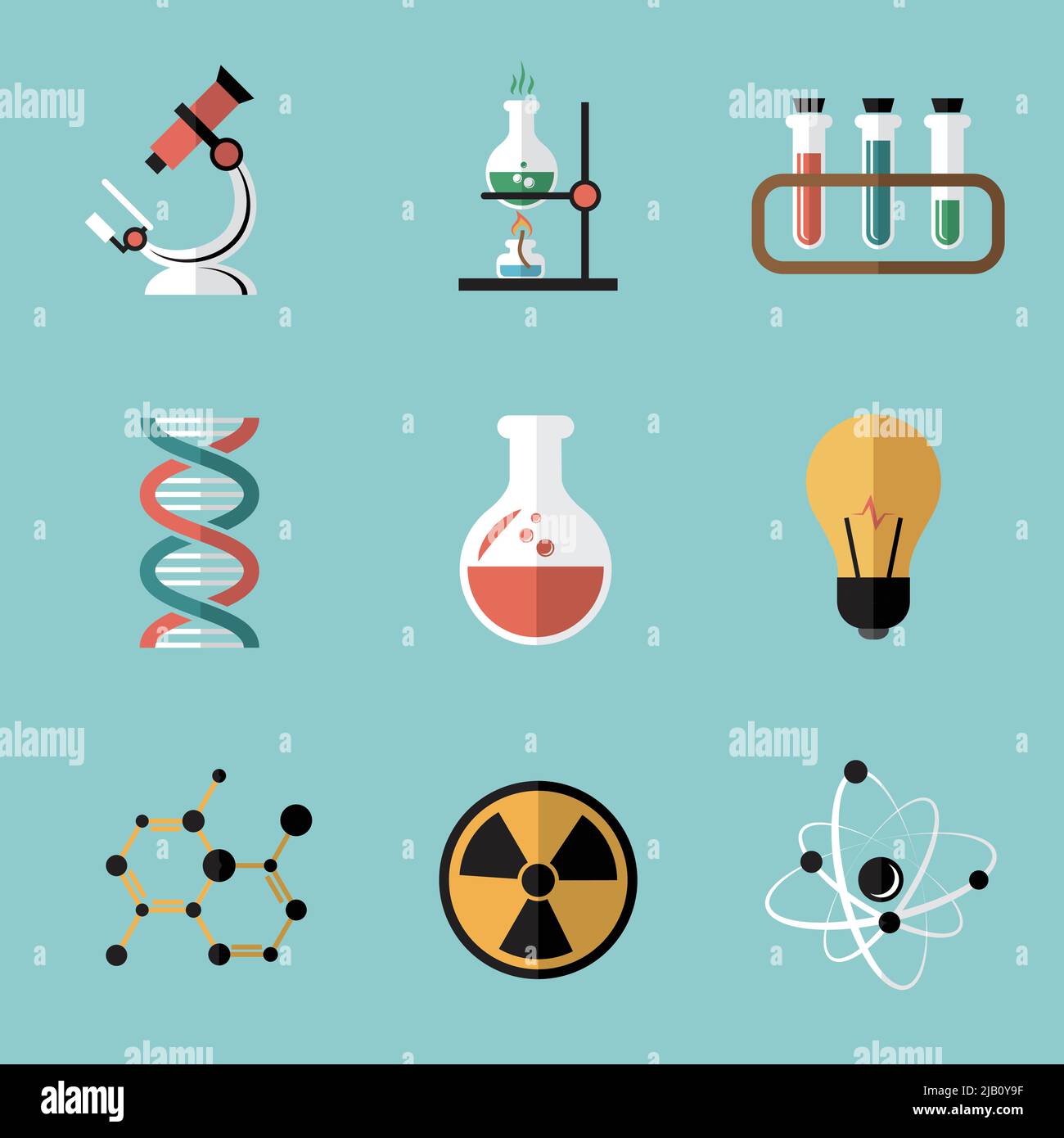 Chemistry bio technology science flat icons set of molecule nuclear ...