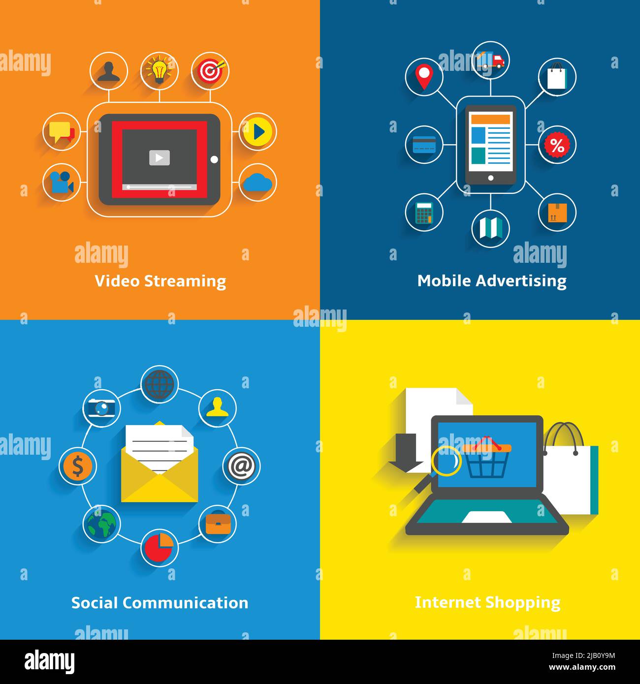 E-commerce decorative icons set of video streaming mobile advertising ...