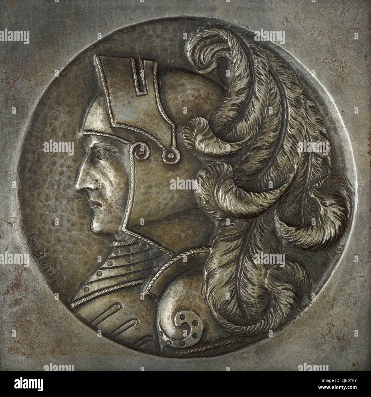 Iron (square) plaque with a bust of the Swiss knight turned to the ...