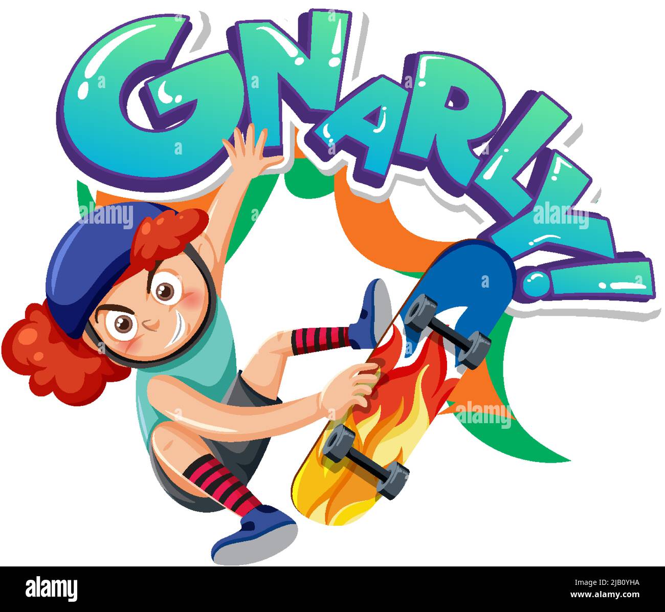 A girl on skateboard with gnarly word text illustration Stock Vector ...