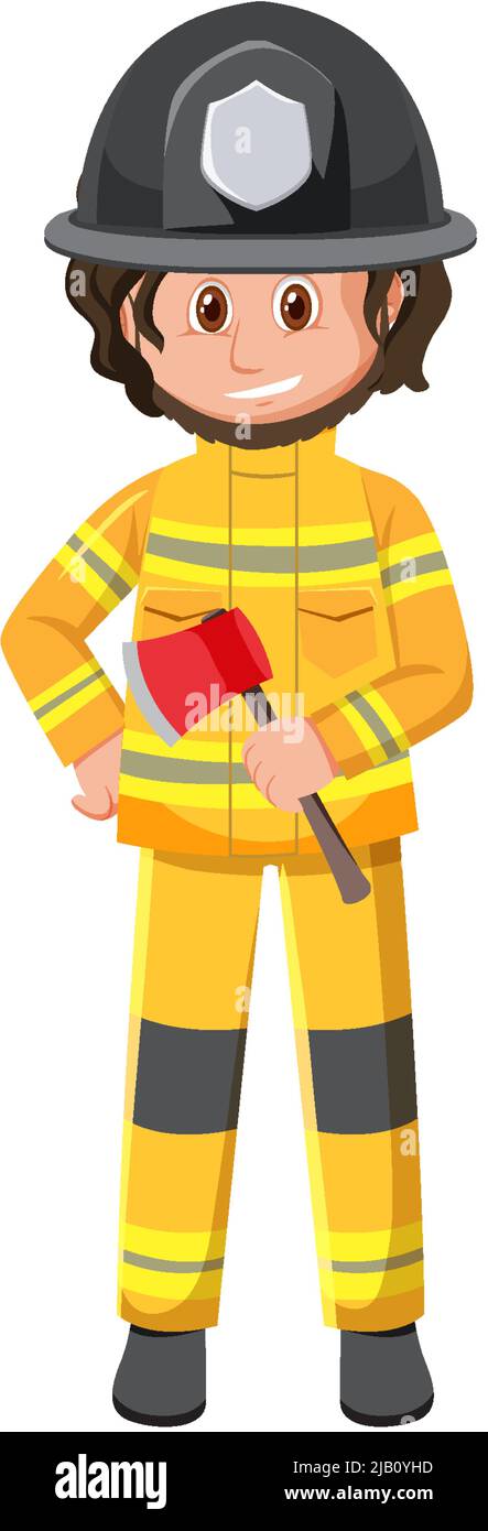 Firefighter in yellow outfit with axe illustration Stock Vector Image ...
