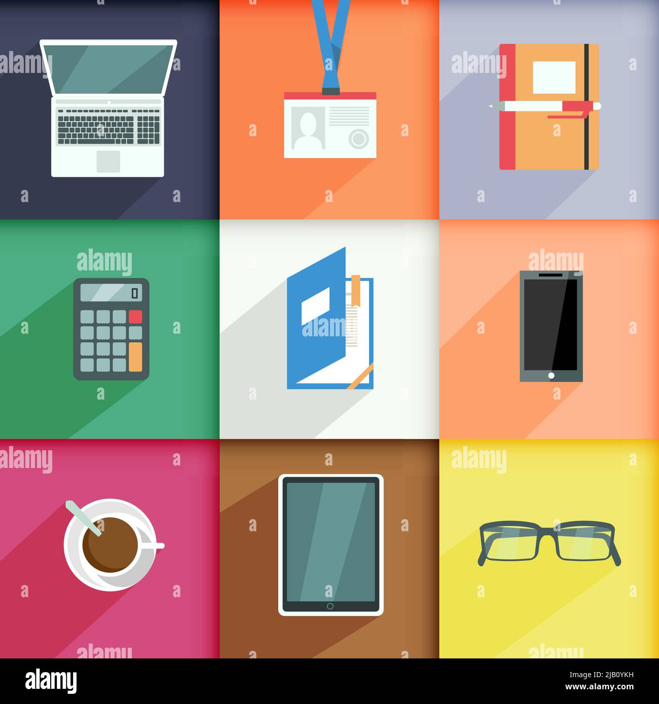 Workplace icons set with computer pass notebook calculator isolated ...