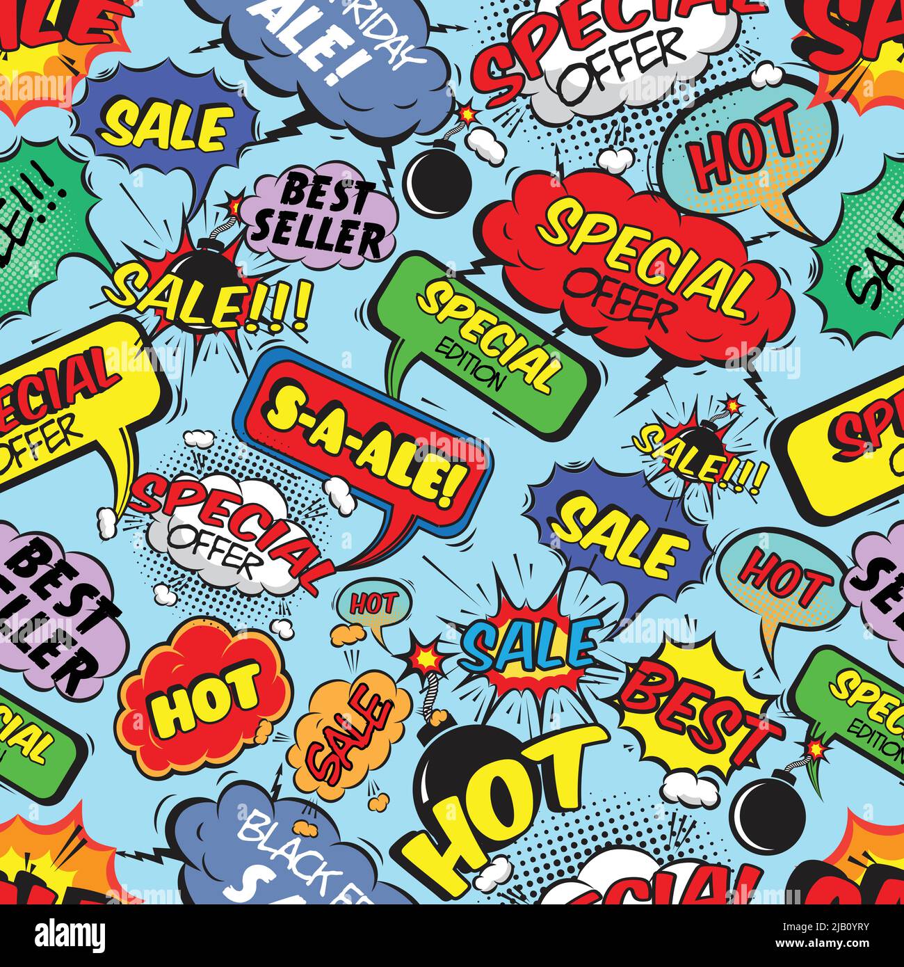 Pop art comic sale seamless pattern with speech bubbles explosions and ...
