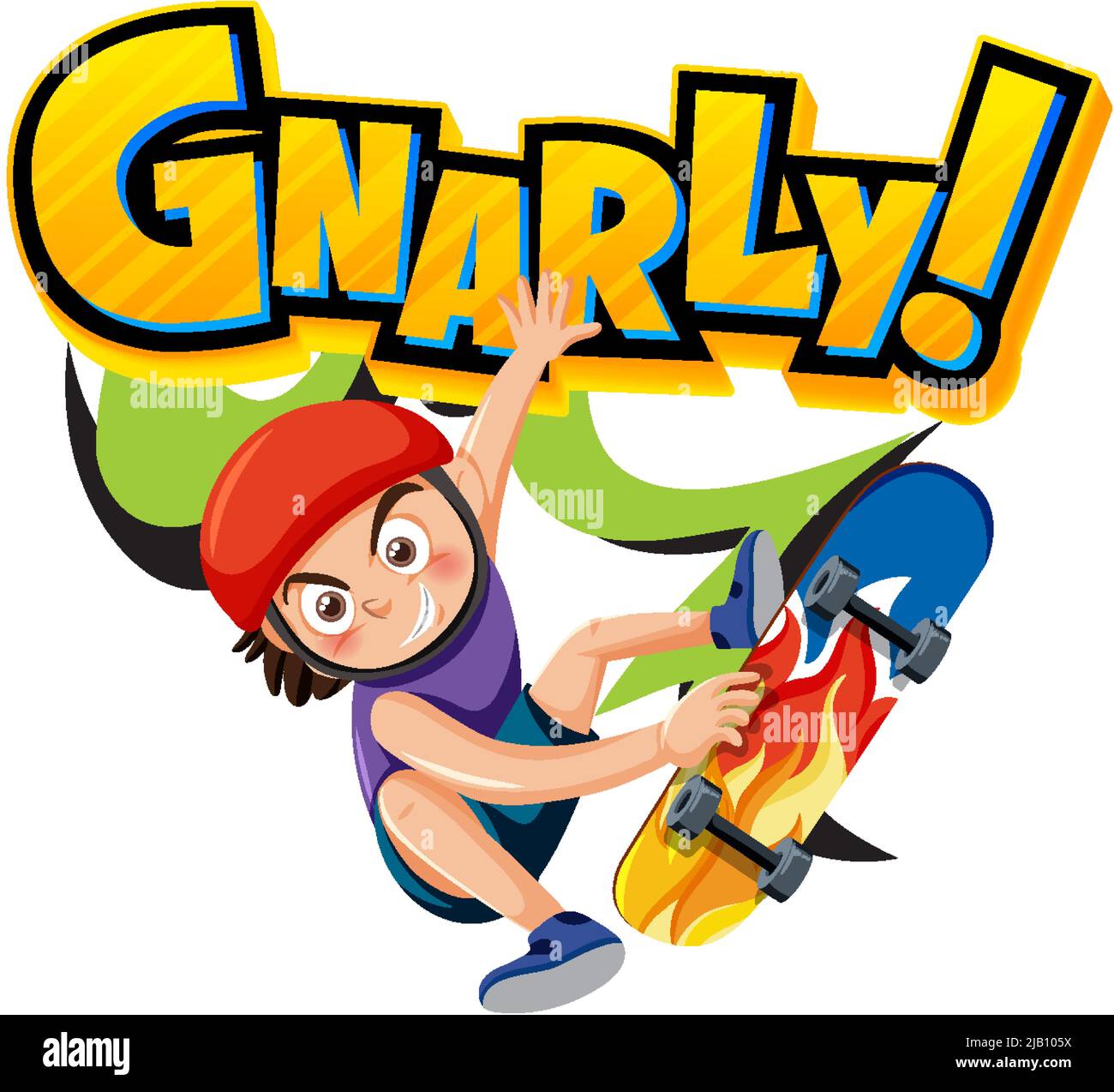 A boy on skateboard with gnarly word text illustration Stock Vector ...