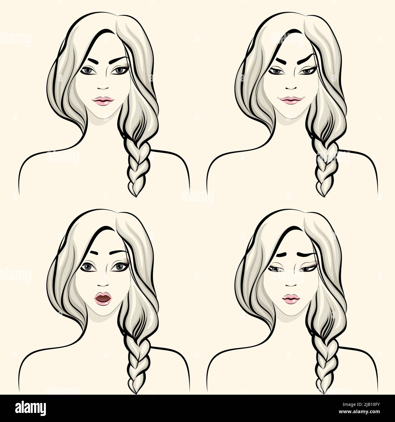 Woman facial emotions design elements set of smile surprise confusion ...