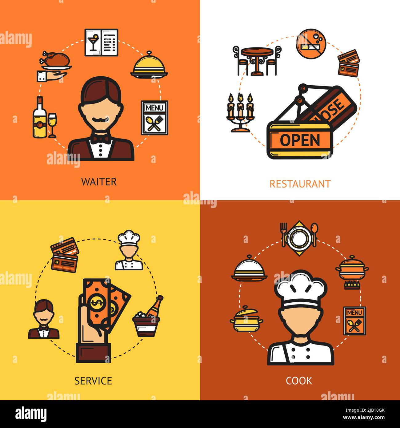 Restaurant design concept set with waiter service cook flat icons ...