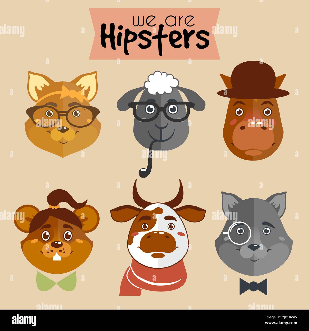 Collection of hipster cartoon character animals fox sheep horse mouse ...