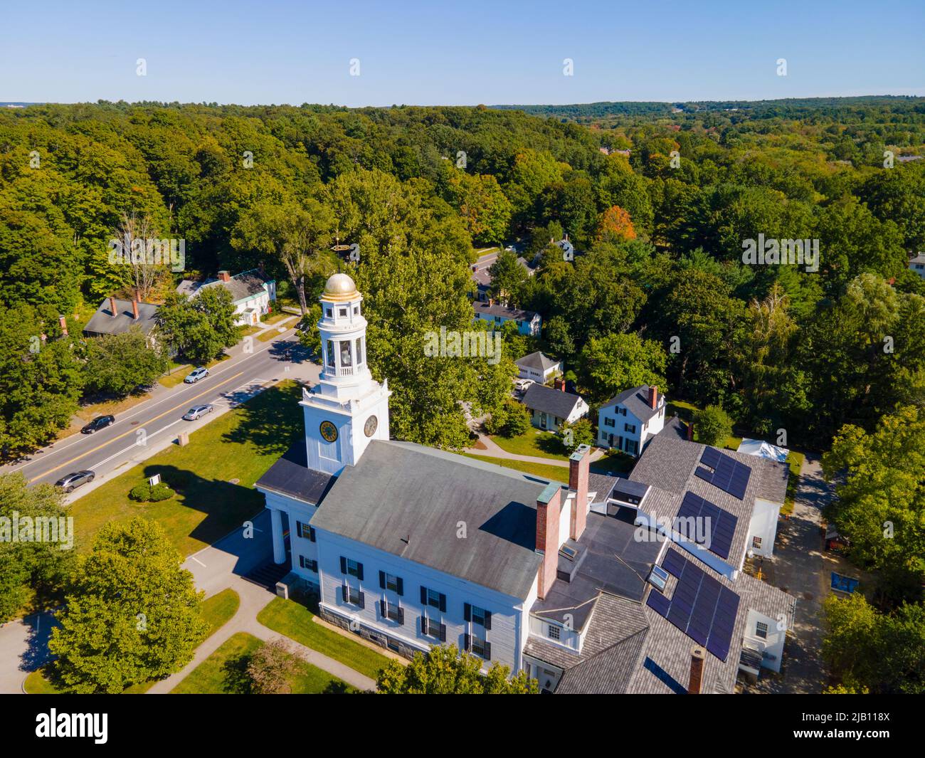 First Parish Church aerial view at 20 Lexington Street in historic town ...