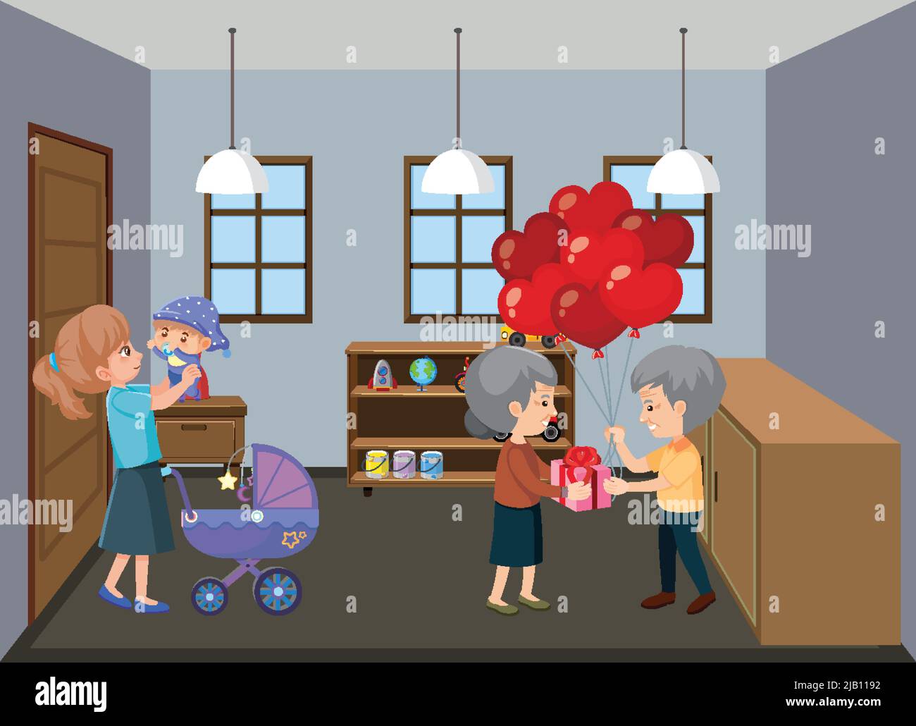 Living room scene with family members in cartoon style illustration ...