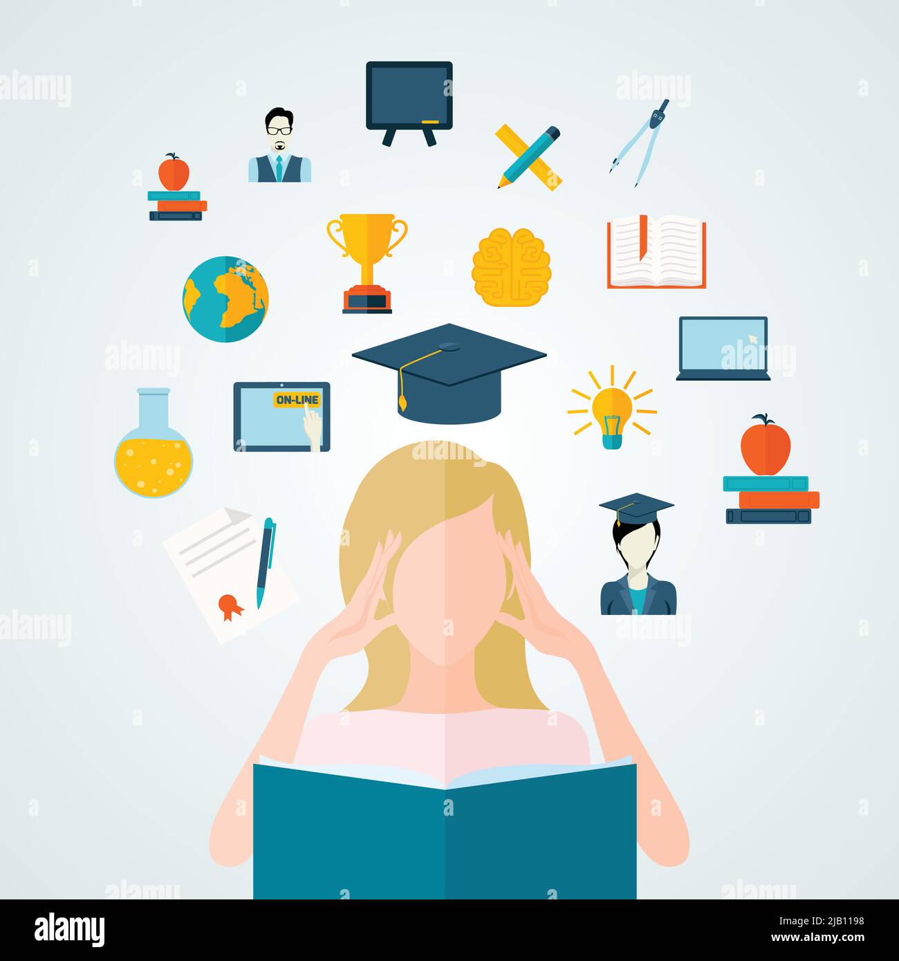 Young girl student reading the book with education and learning ...