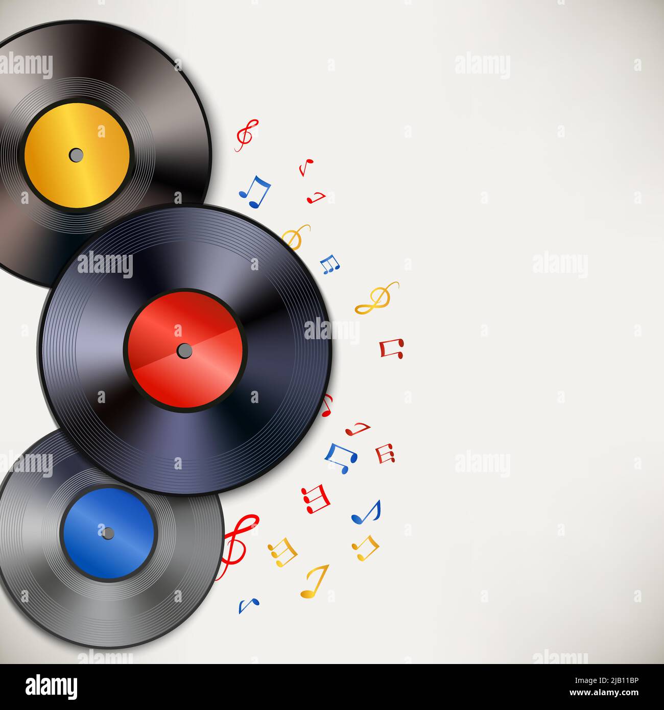 Abstract music vinyl plates background poster with colored notes vector ...