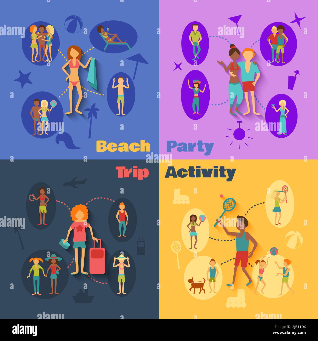 Vacation people design concept set with beach party trip activity flat ...