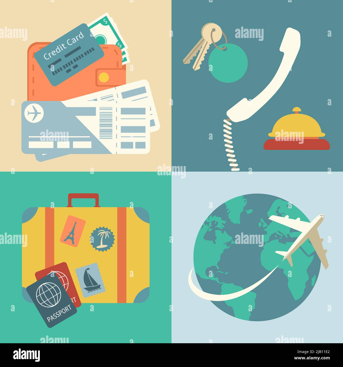 Vacation travel infographics icons set with hands of ticket purchase ...