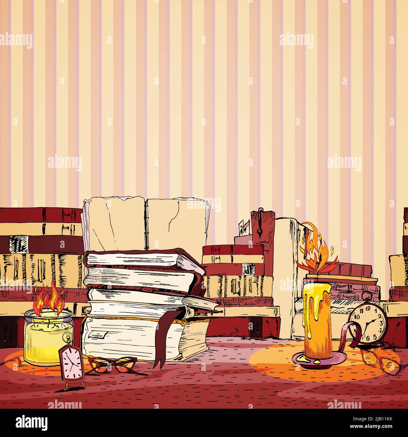 Vintage retro wax candle books and glasses doodle wallpaper vector ...