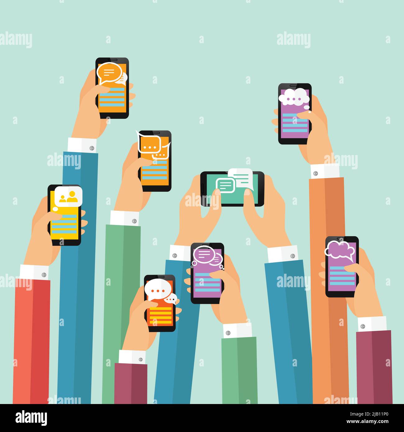 Modern mobile instant messenger chat poster with hands and smartphones ...