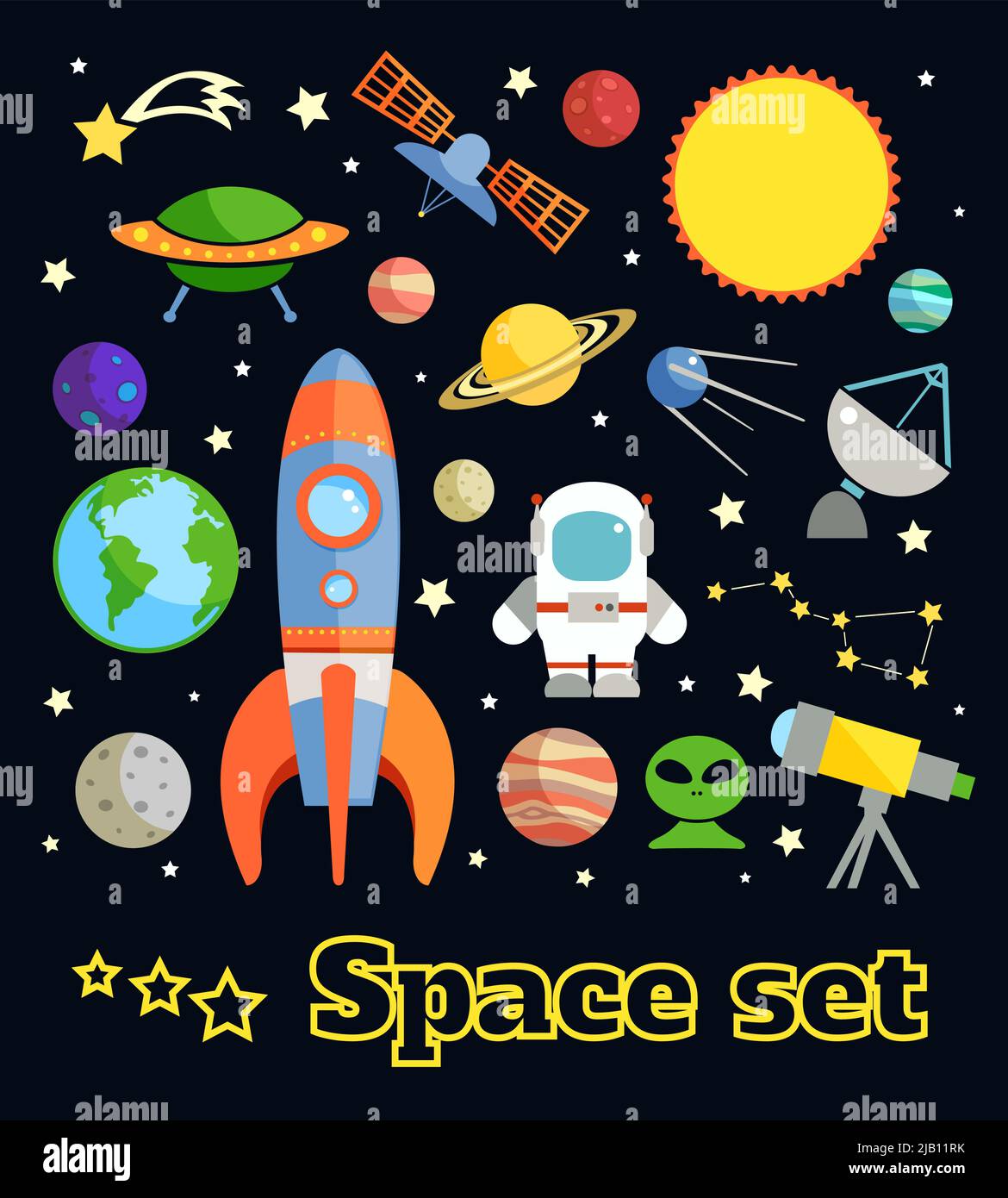 Space and astronomy decorative elements set isolated on dark background ...