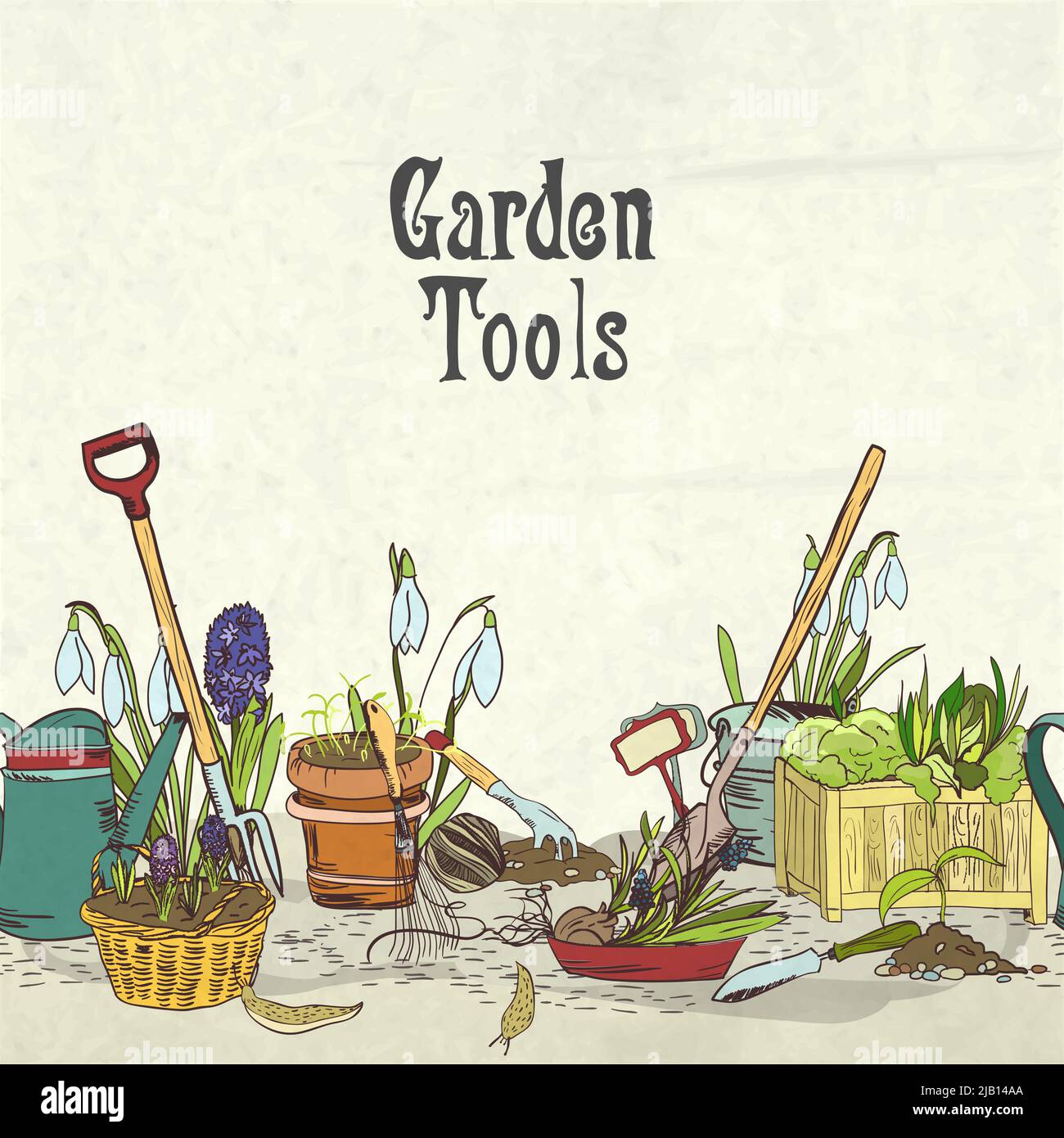 Hand drawn gardening tools album cover border or frame for plants ...