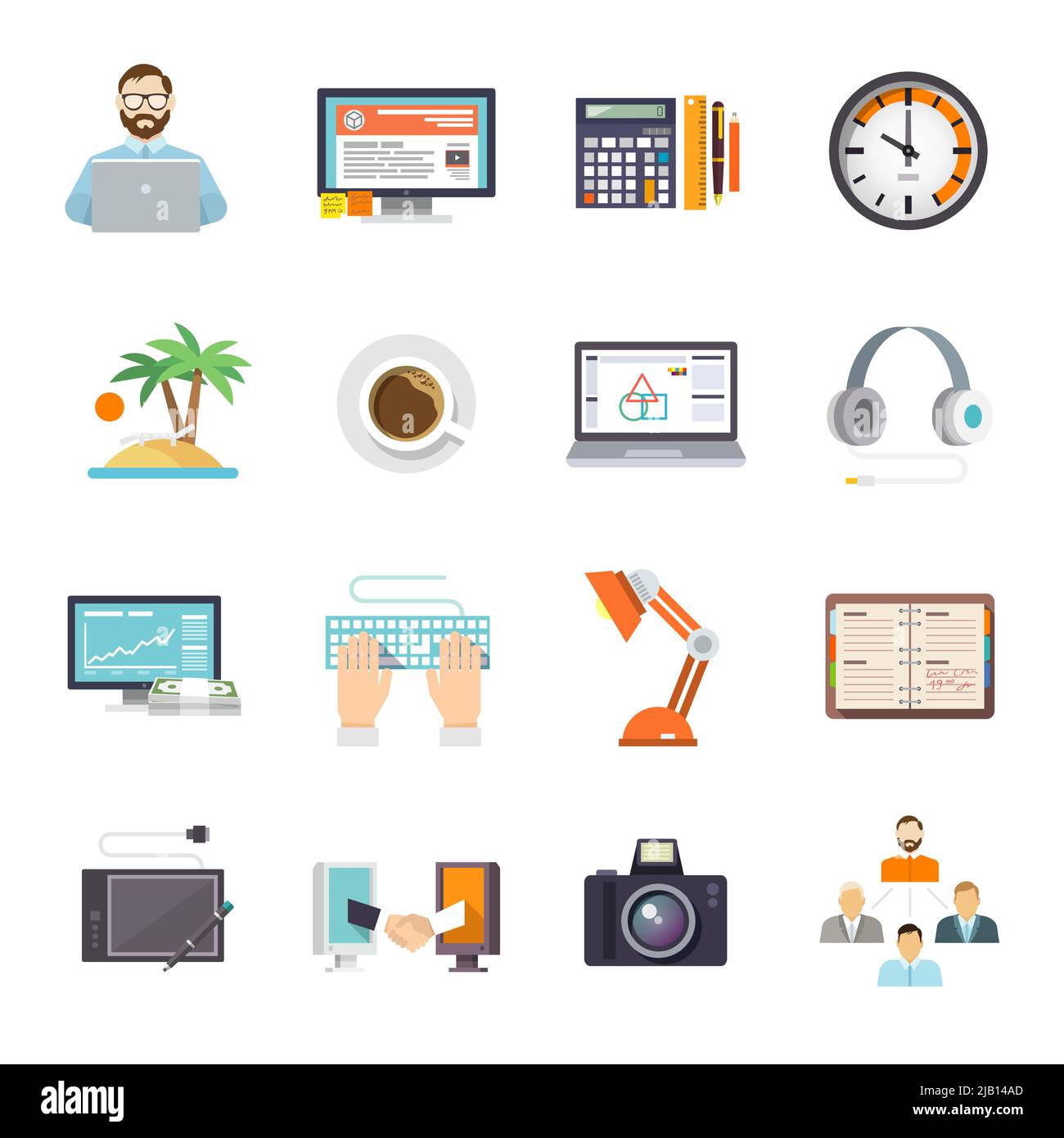 Freelance icon flat set with freelancer laptop business meeting ...