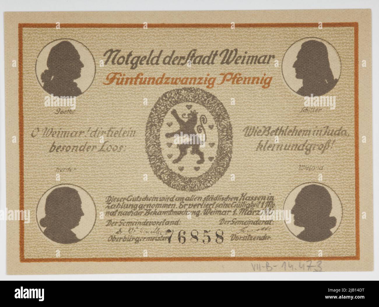 Voucher AT 25 Pfennig, Germany; City, Weimar; 1.03.1921 Stock Photo - Alamy