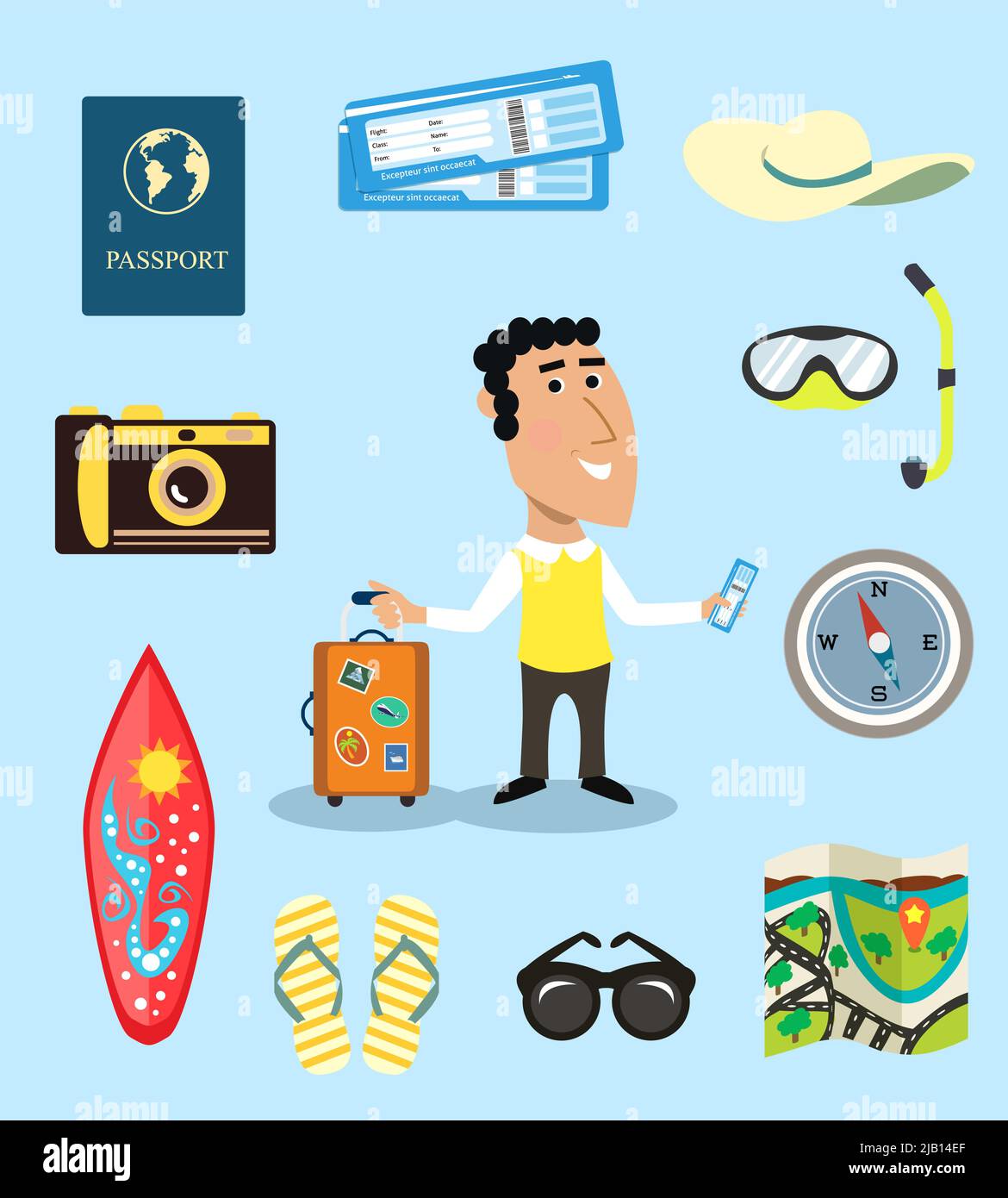 Vacation Or Business Traveler Character Set With Suitcase Passport