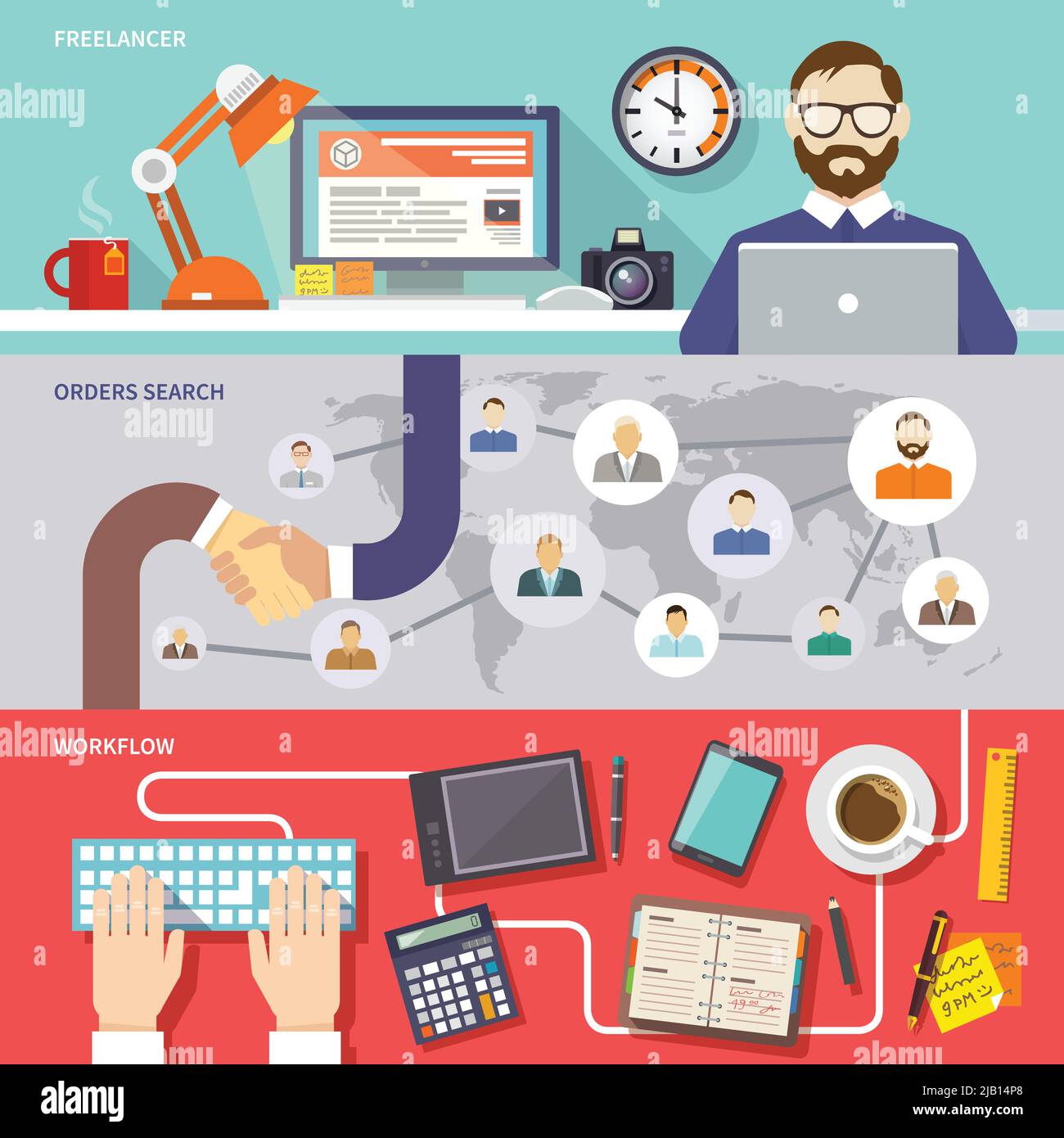 Freelance horizontal banner set with freelancer orders search workflow ...