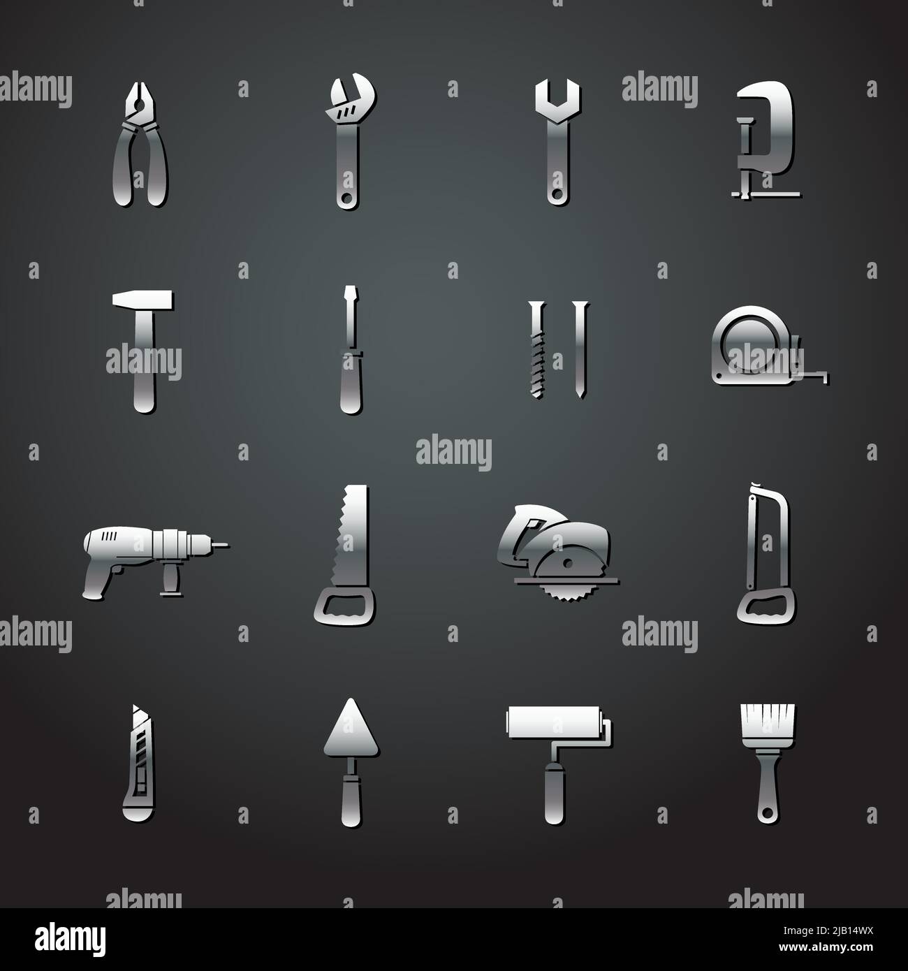 Collection of metal tool stickers of wrench hammer spanner and screw ...