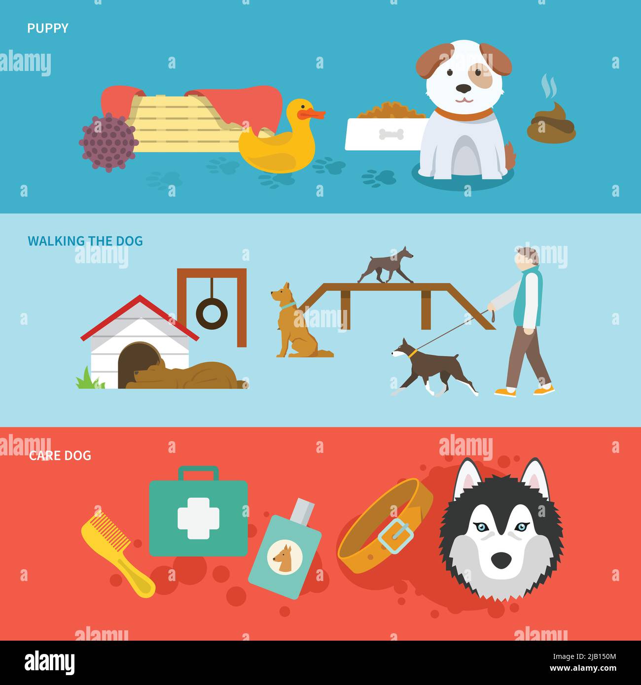 Dog horizontal banner set with walking puppy care flat elements ...