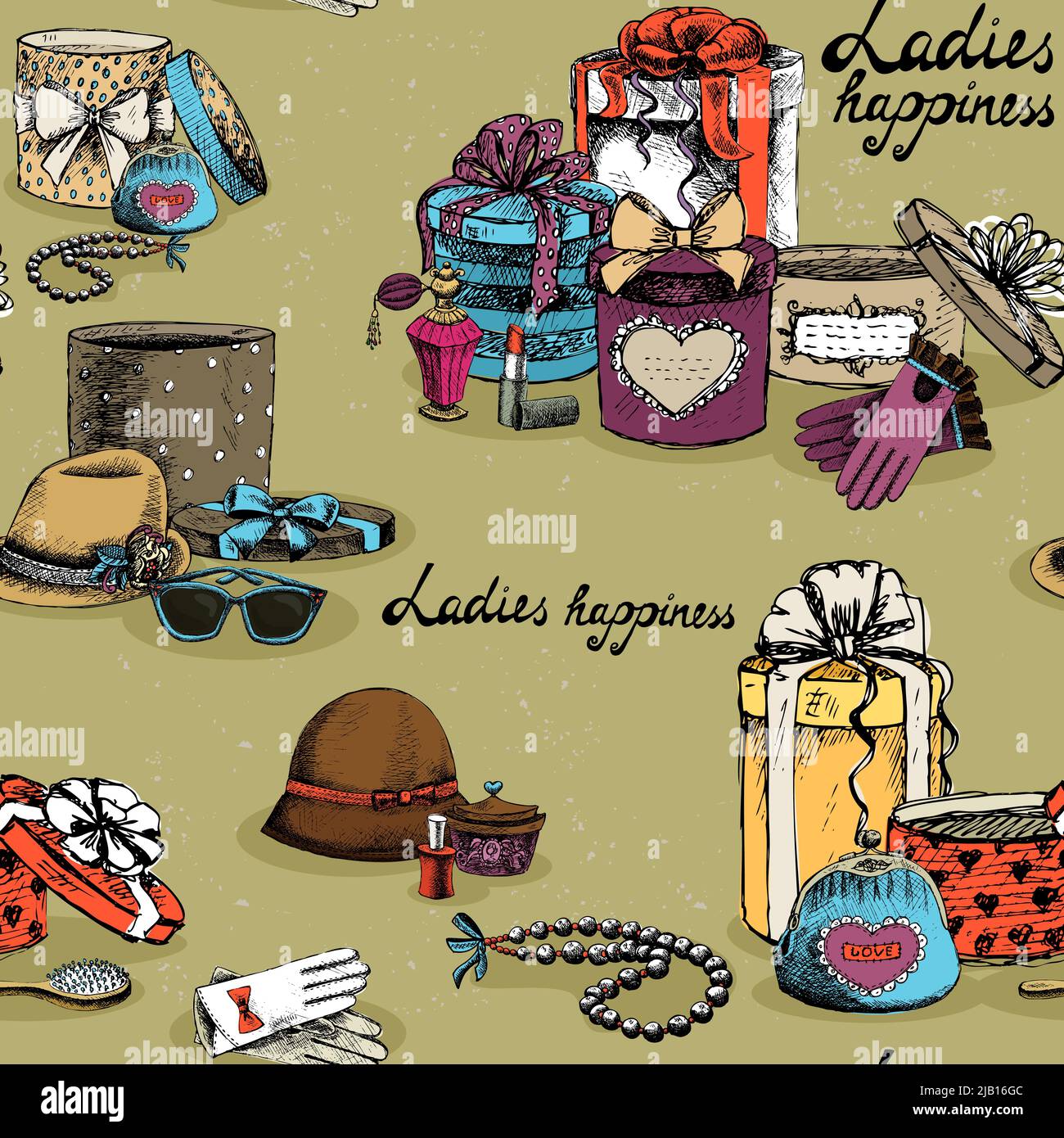 Ladies happiness pattern. Seamless woman accessory with gift boxes ...