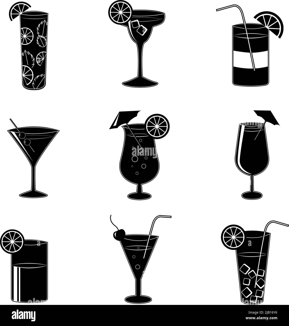Pictograms of party cocktails with alcohol drinks martini vodka tequila ...