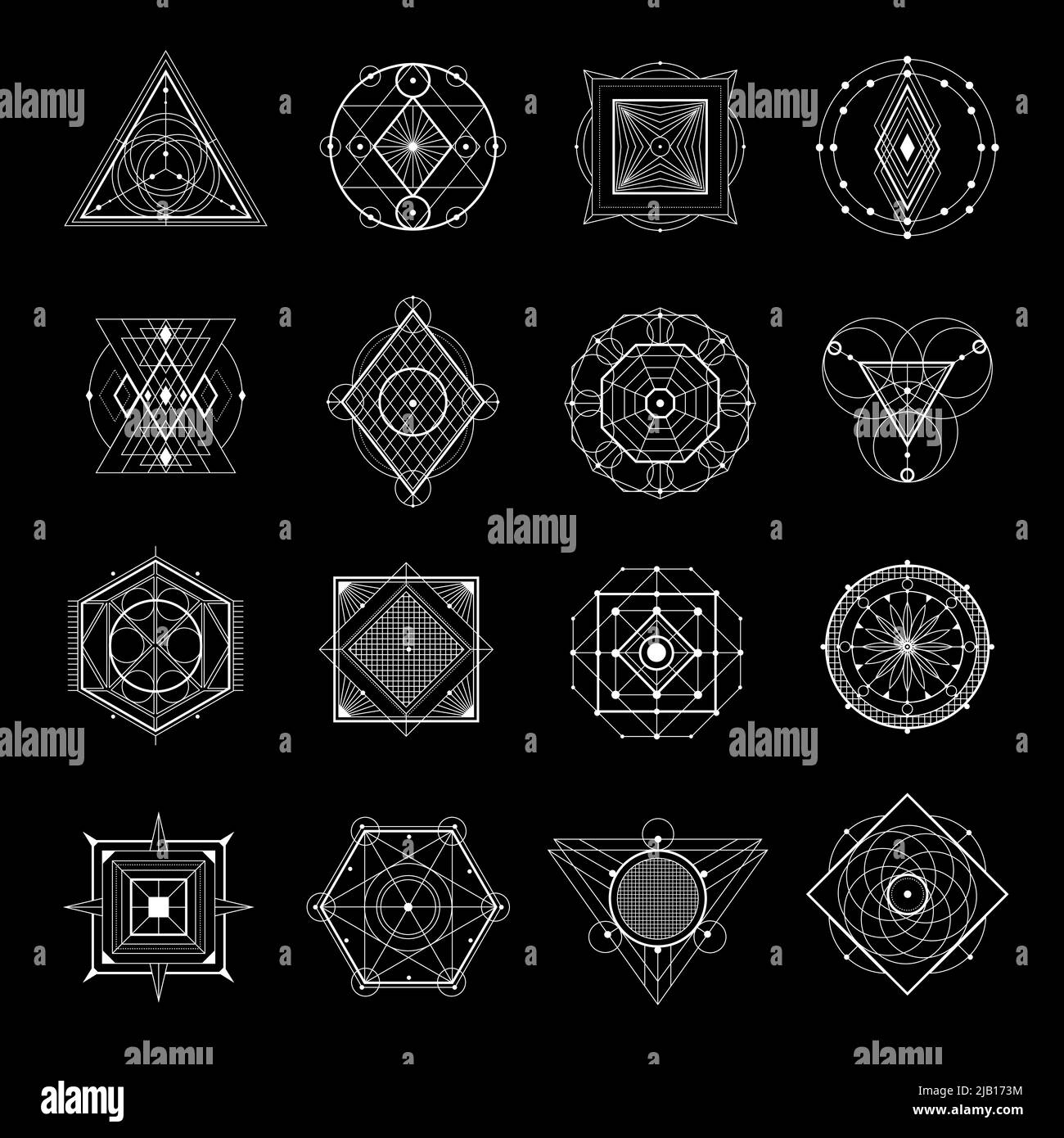 Sacred geometry white elements and symbols set isolated on black ...