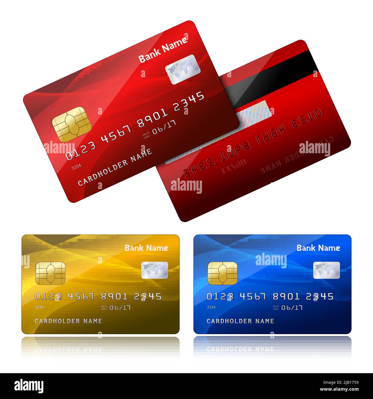 Front and back side of realistic bank credit card with security chip for shopping and payments ...