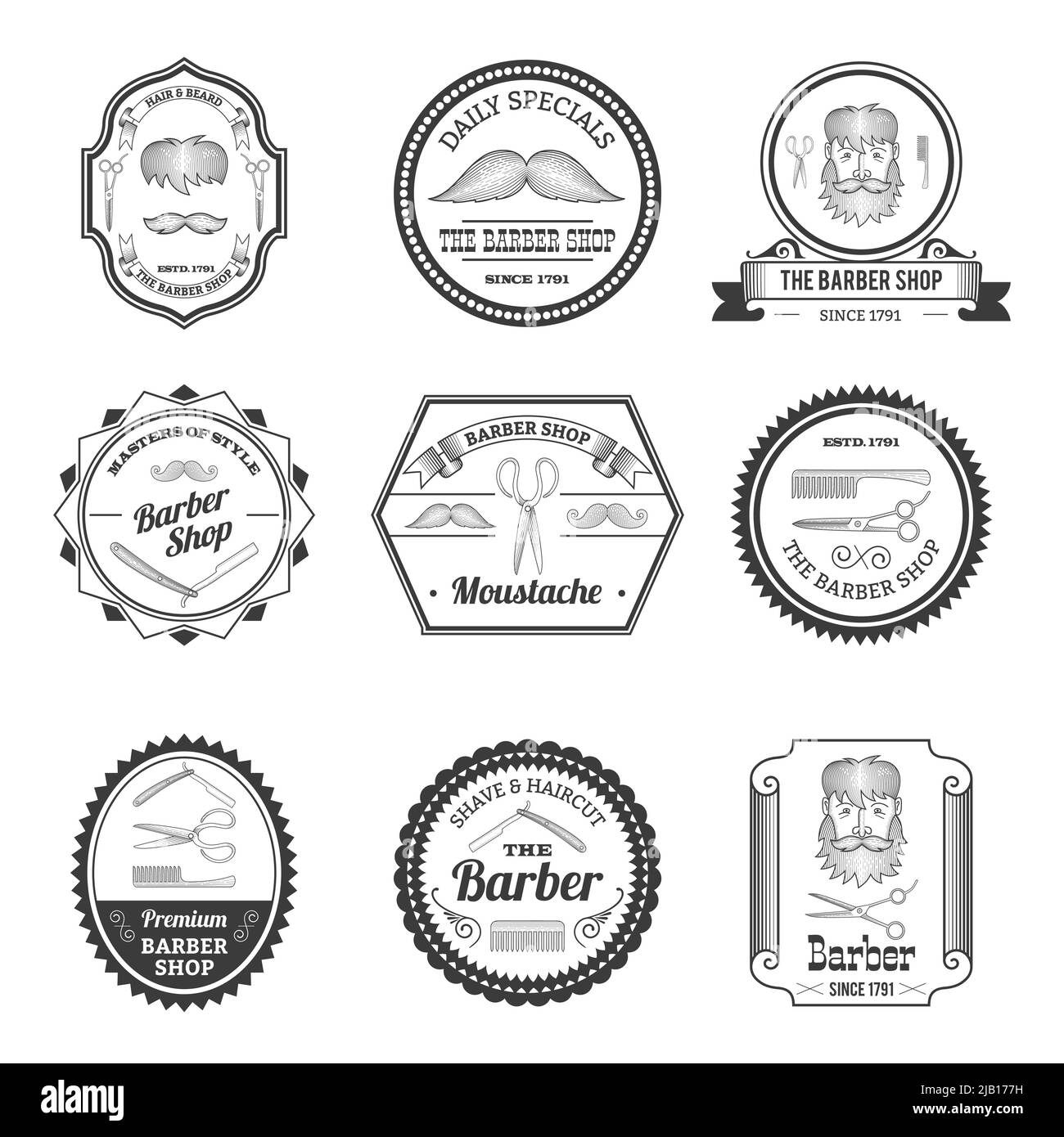 Barber shop hair and beard trim business black emblems set isolated ...
