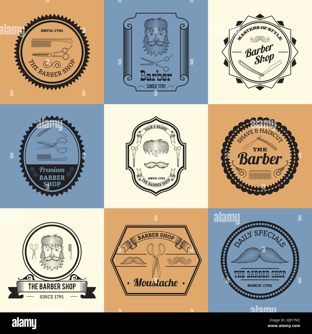 Barber shop gentleman shaver grooming saloon logos set isolated vector ...