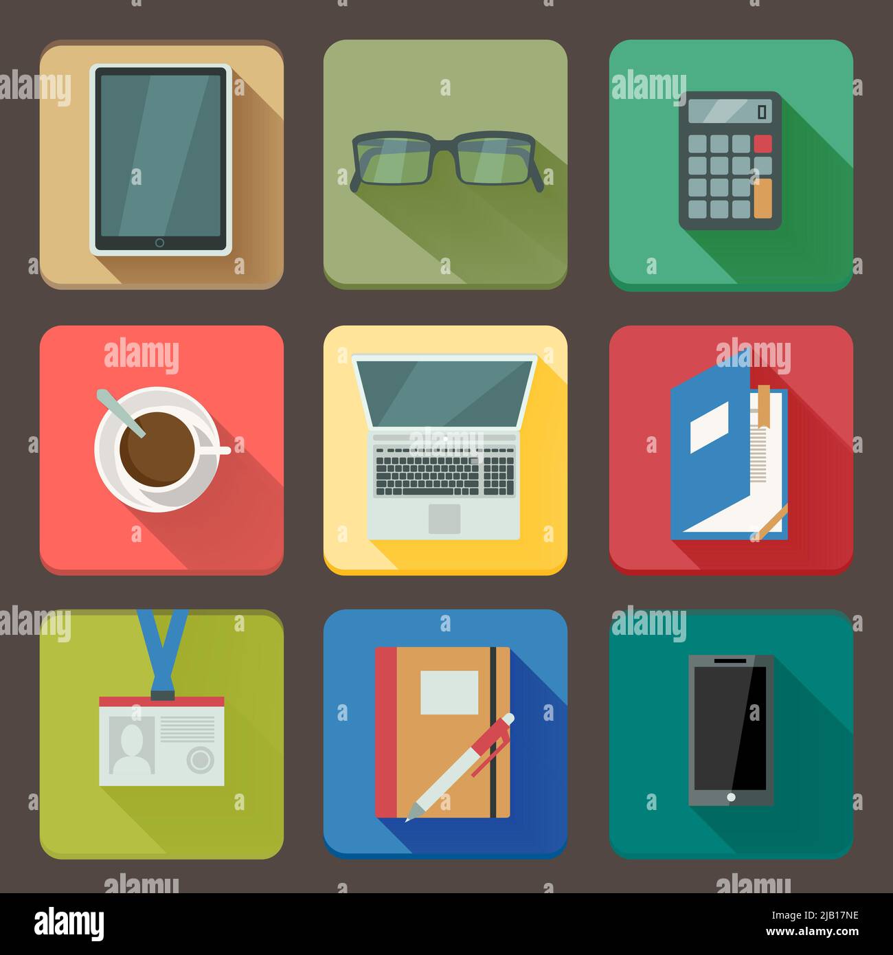 Business workplace icons set of notebook coffee tablet and mobile with ...