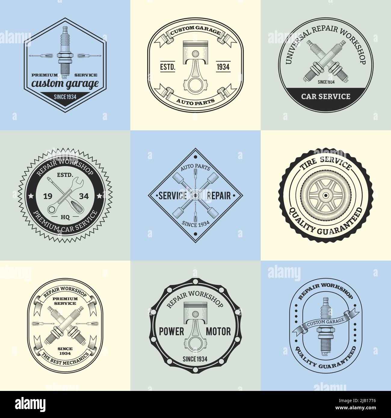 Repair workshop premium car garage service emblems set isolated vector ...