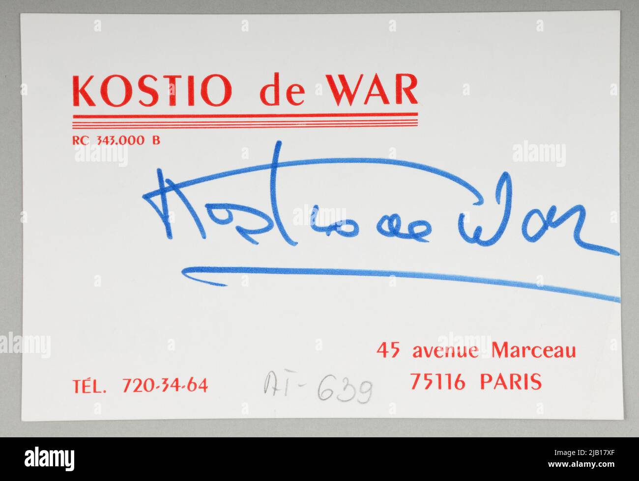 Business card Kostio de War formal card with an autograph address Paris ...