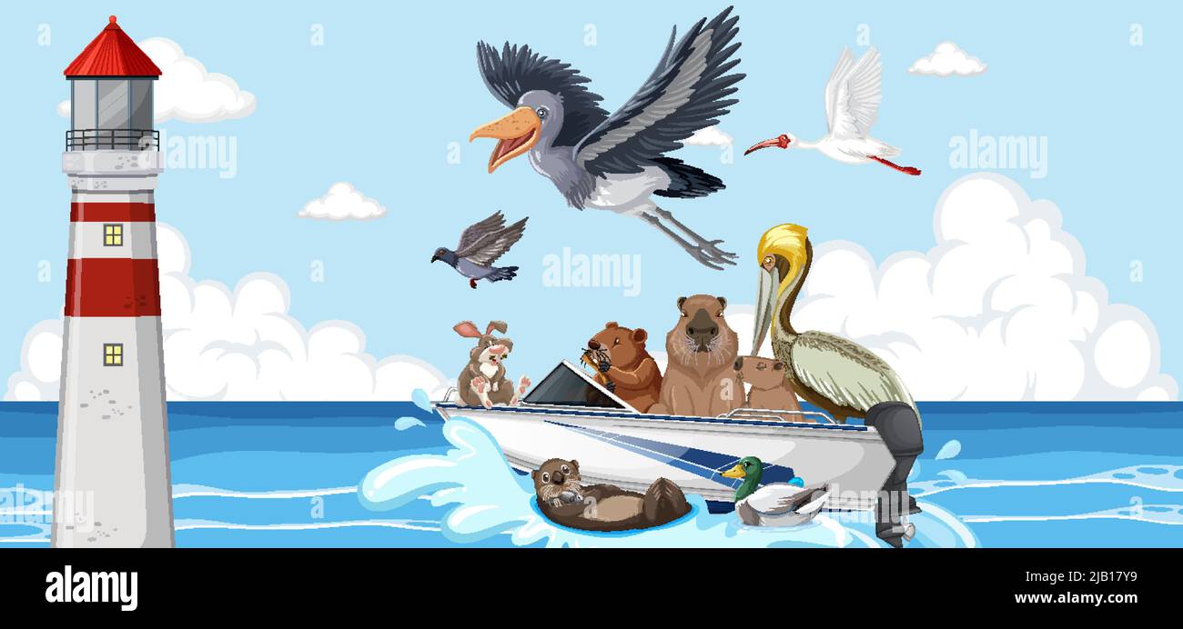 Wild animals on a boat illustration Stock Vector Image & Art - Alamy