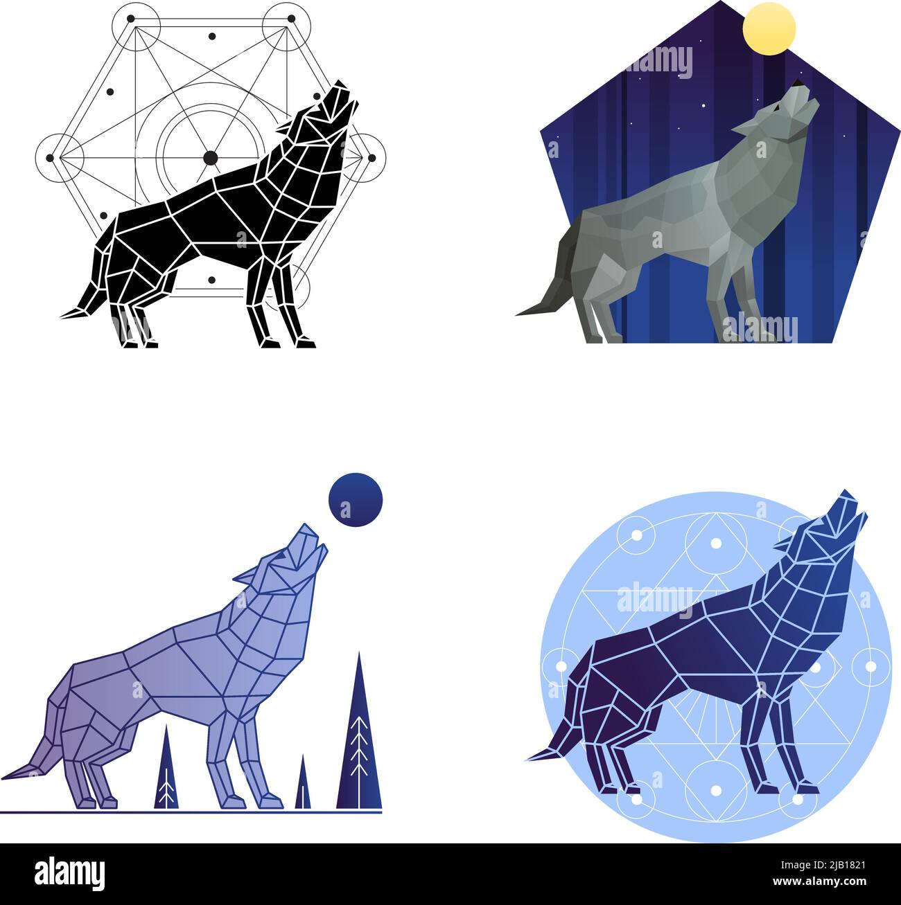 Howling wolf 2x2 icons and emblems in different styles set polygonal ...