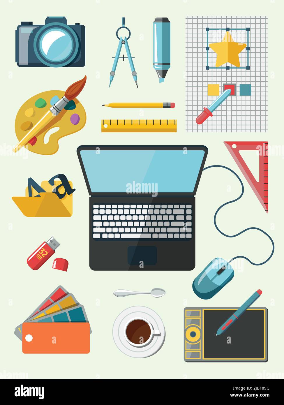 Graphic designer studio tools workplace icons set isolated vector ...