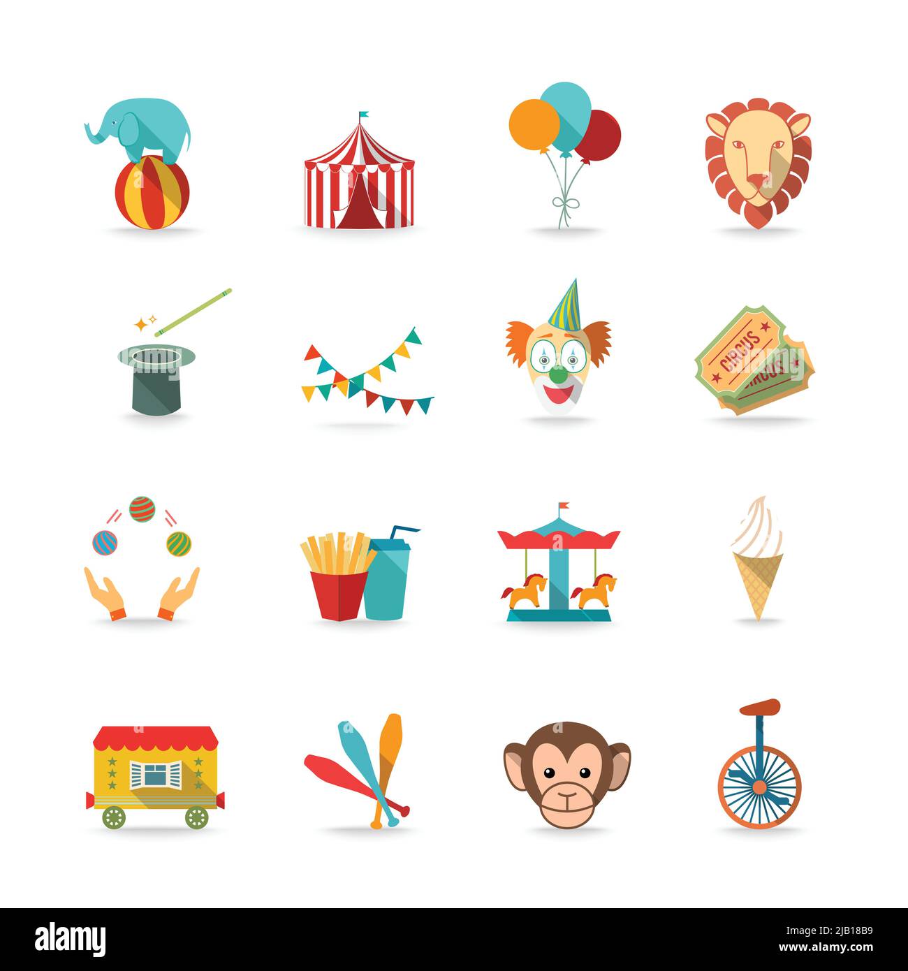 Circus tent with monkey and lion and clown magical wand triks icons set ...