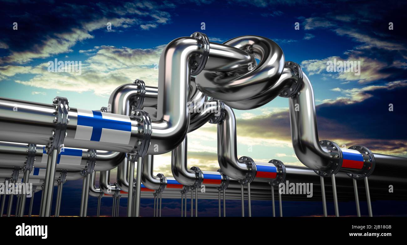 Oil or gas pipeline, flags of Finland and Russia - 3D illustration ...