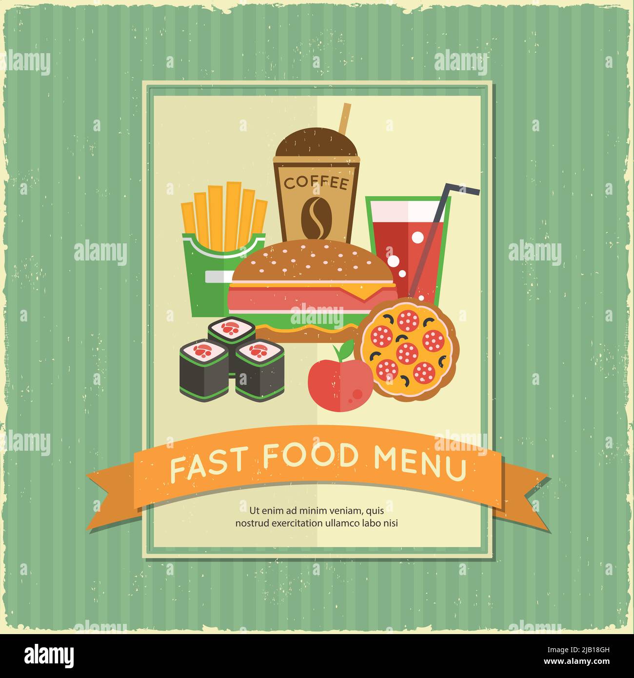 Retro fast food menu poster with ribbon and sandwich french fries drink ...